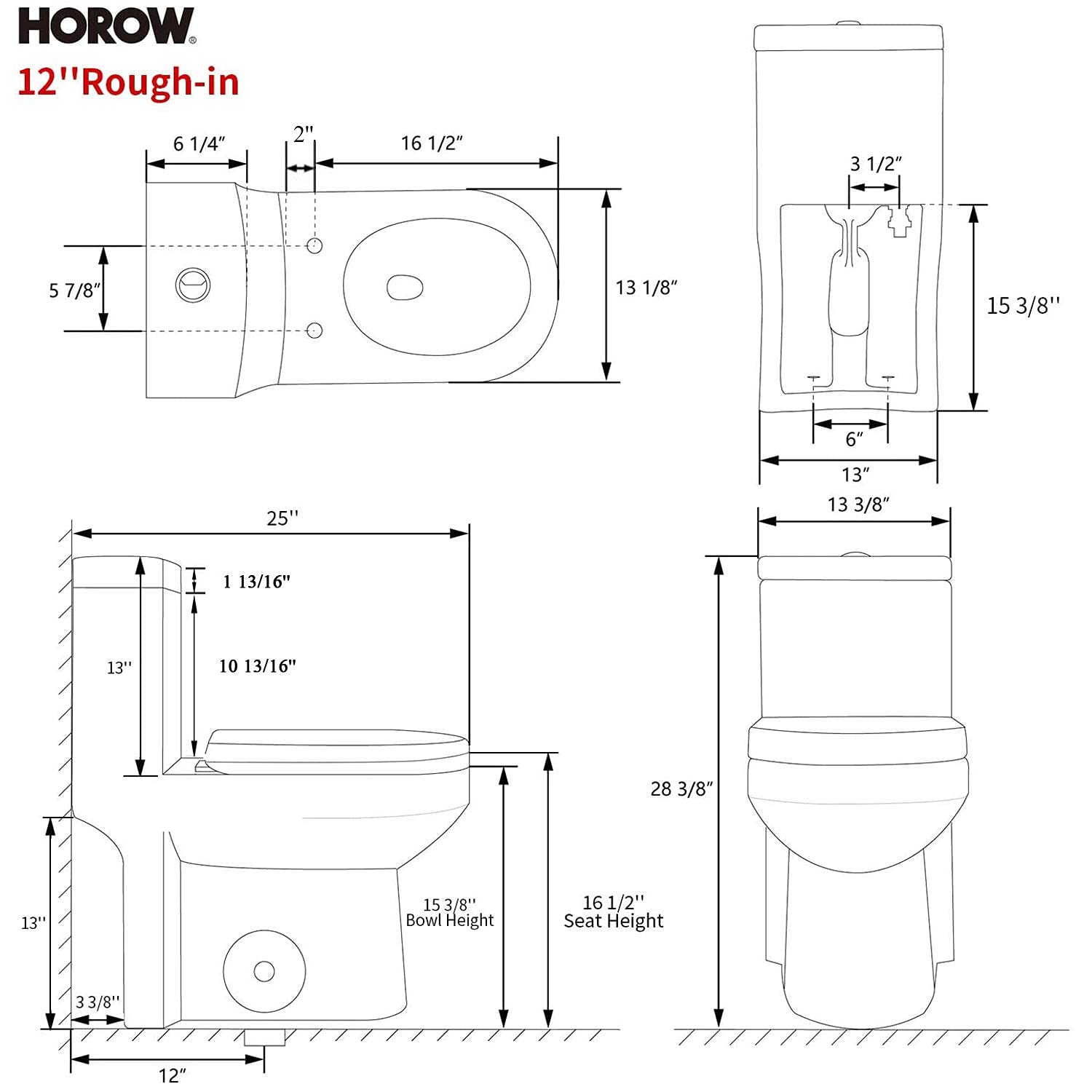 HOROW HWMT-8733U Small Compact One Piece Toilet, Power Dual Flush Toilet For Bathroom, Water Saving Toilet With Soft Closing Seat, Quick Release & UF Seat, White Toilet Bowl, 12'' Rough-in