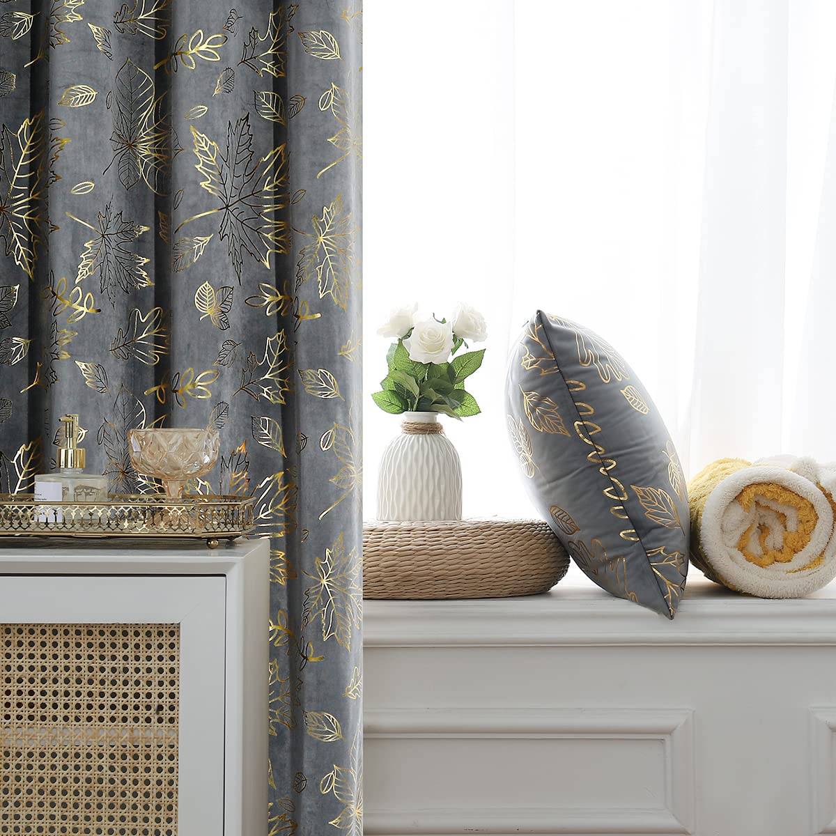 Grey Darkening Curtains 63 Inch Length for Living Room Bedroom, Leaf Pattern Metallic Printed Window Ttreatment, Grommet Top Thermal Insulated Drapes 52" W 2 Panels
