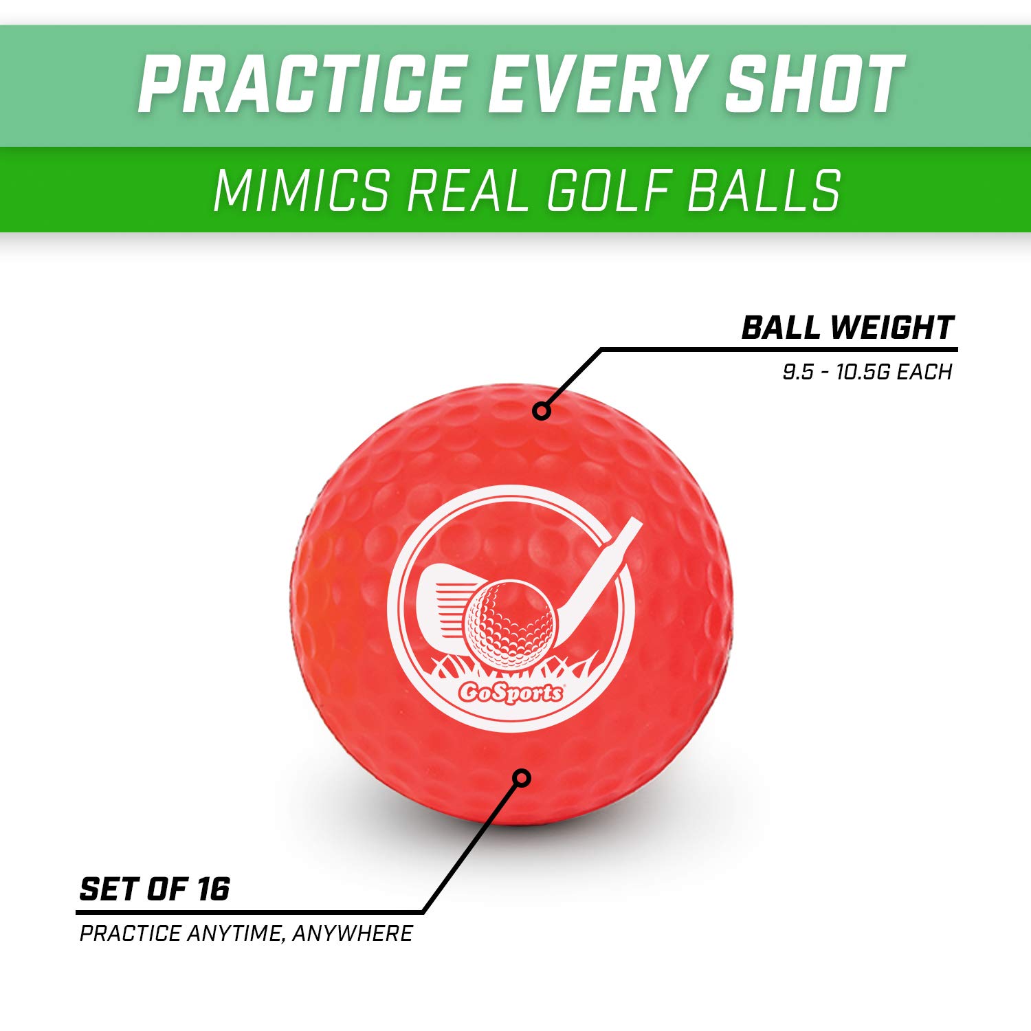 GoSports Foam Golf Practice Balls Realistic Feel and Limited Flight Use Indoors or Outdoors, 16 Count (Pack of 1)
