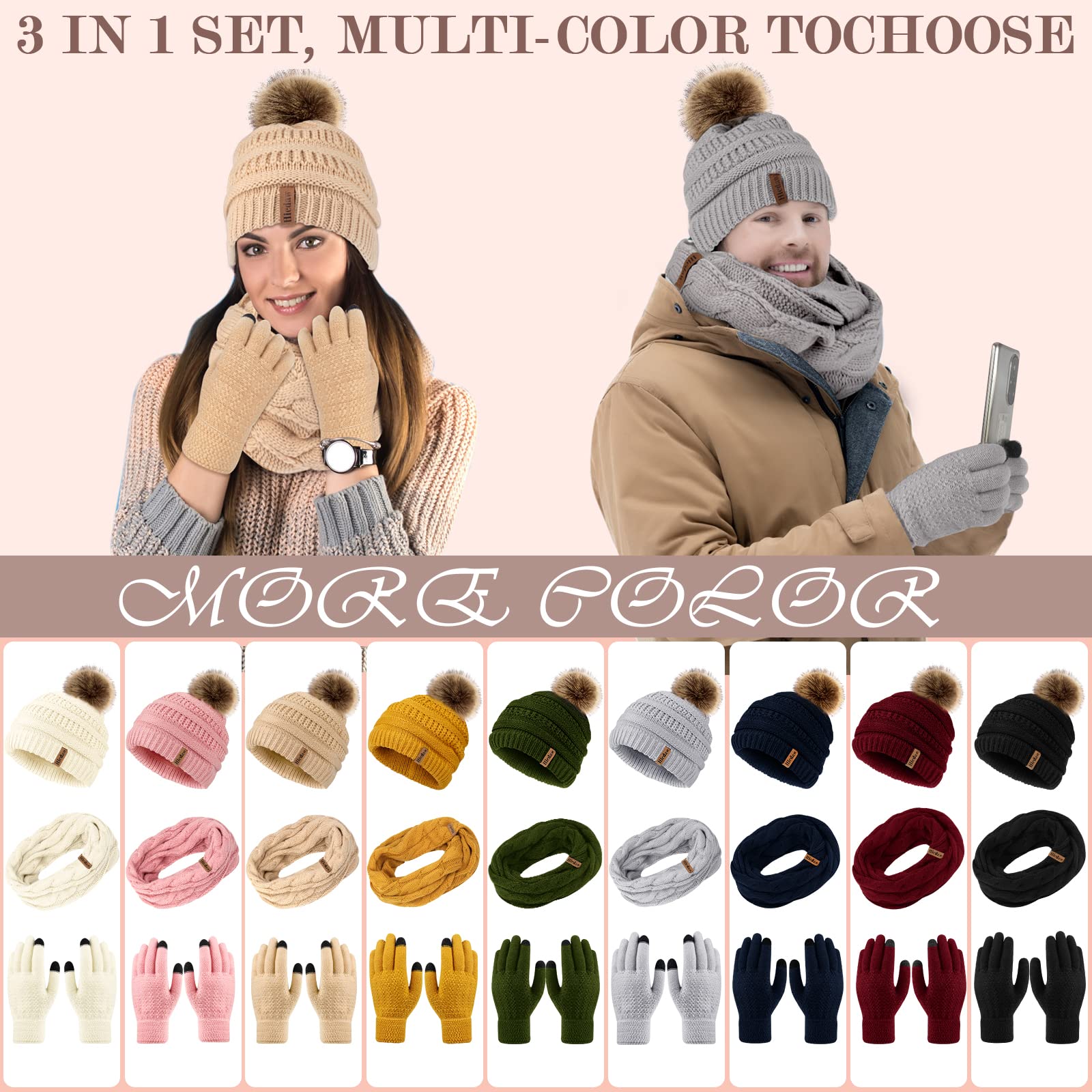 Hicdaw Womens Winter Hats Gloves Scarf Set Winter Hats for Women Beanie Hat Circle Loop Scarf Glove, Wine Red