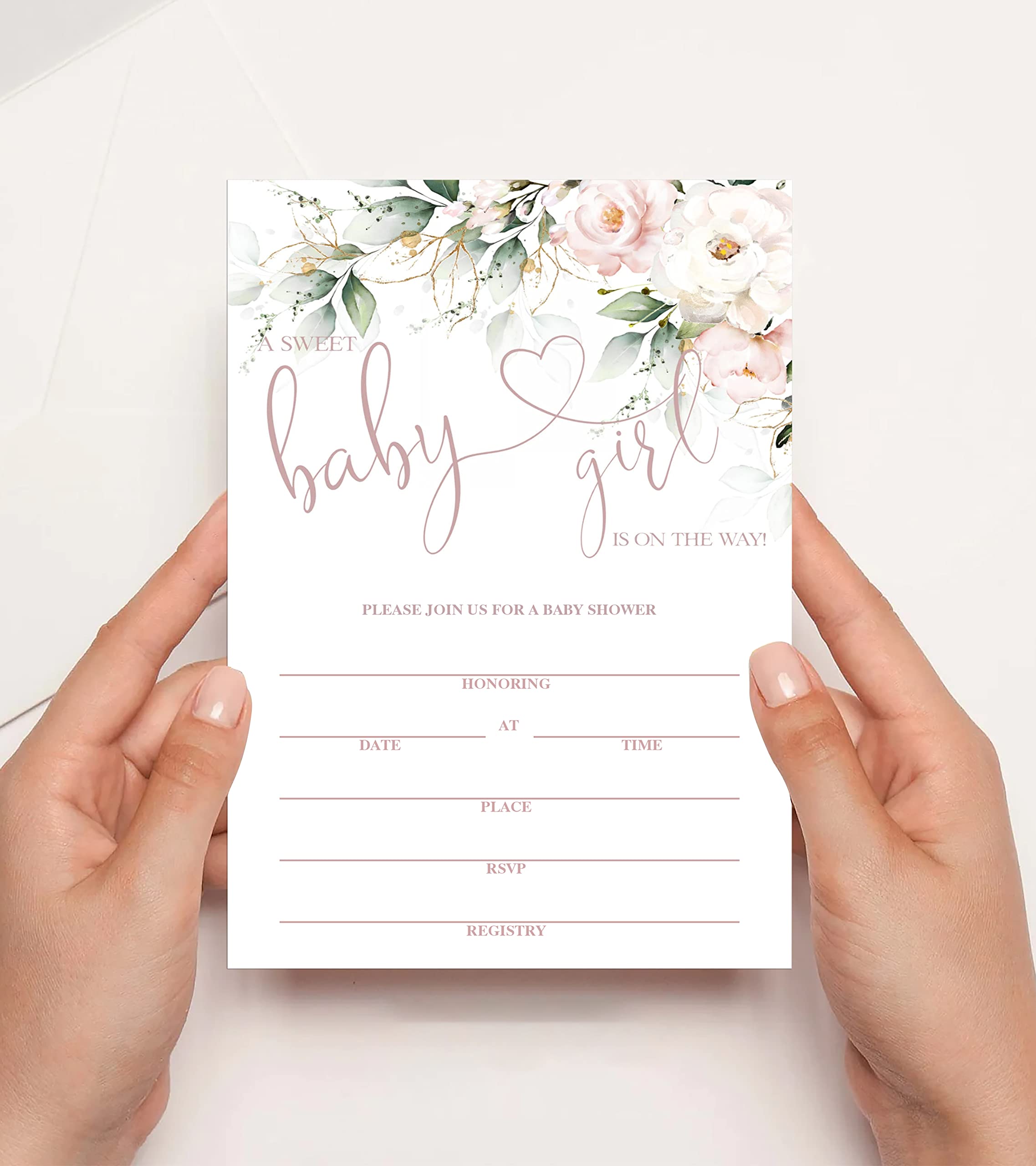 Geuro Baby Shower Invitations for girl, Floral Fill In Invites Cards wih Envelopes, Set of 25.