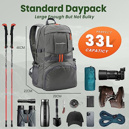 Yeendibo 33L Hiking Backpack with Portable-Rest Station for Camping/Travel/Outdoors, Versatile & Lightweight Foldable Daypack for Men/Women (Grey, Non-waterproof)