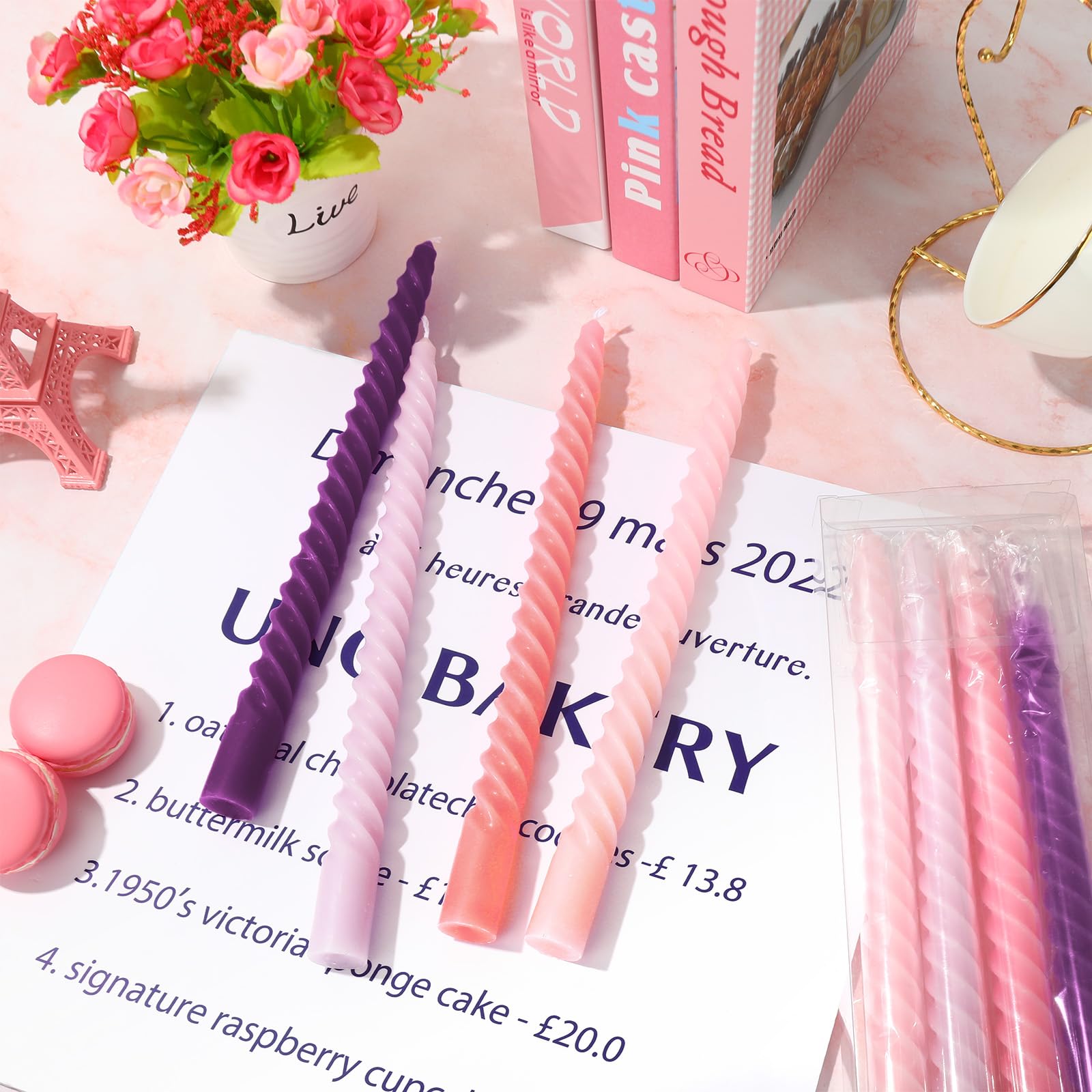 Whaline 8Pcs 10 Inch Pink Purple Gradient Color Spiral Taper Candles Dripless Twisted Wax Candles Long Unscented Candle Sticks for Wedding Displays Home Dining Table Supplies