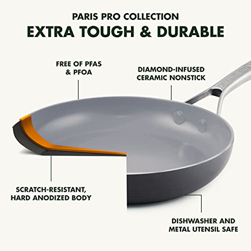 GreenPan Paris Pro Hard Anodized Healthy Ceramic Nonstick, 5 Piece Cookware Pots and Pans Set with Stainless Steel Lids, PFAS-Free, Dishwasher Safe, Grey