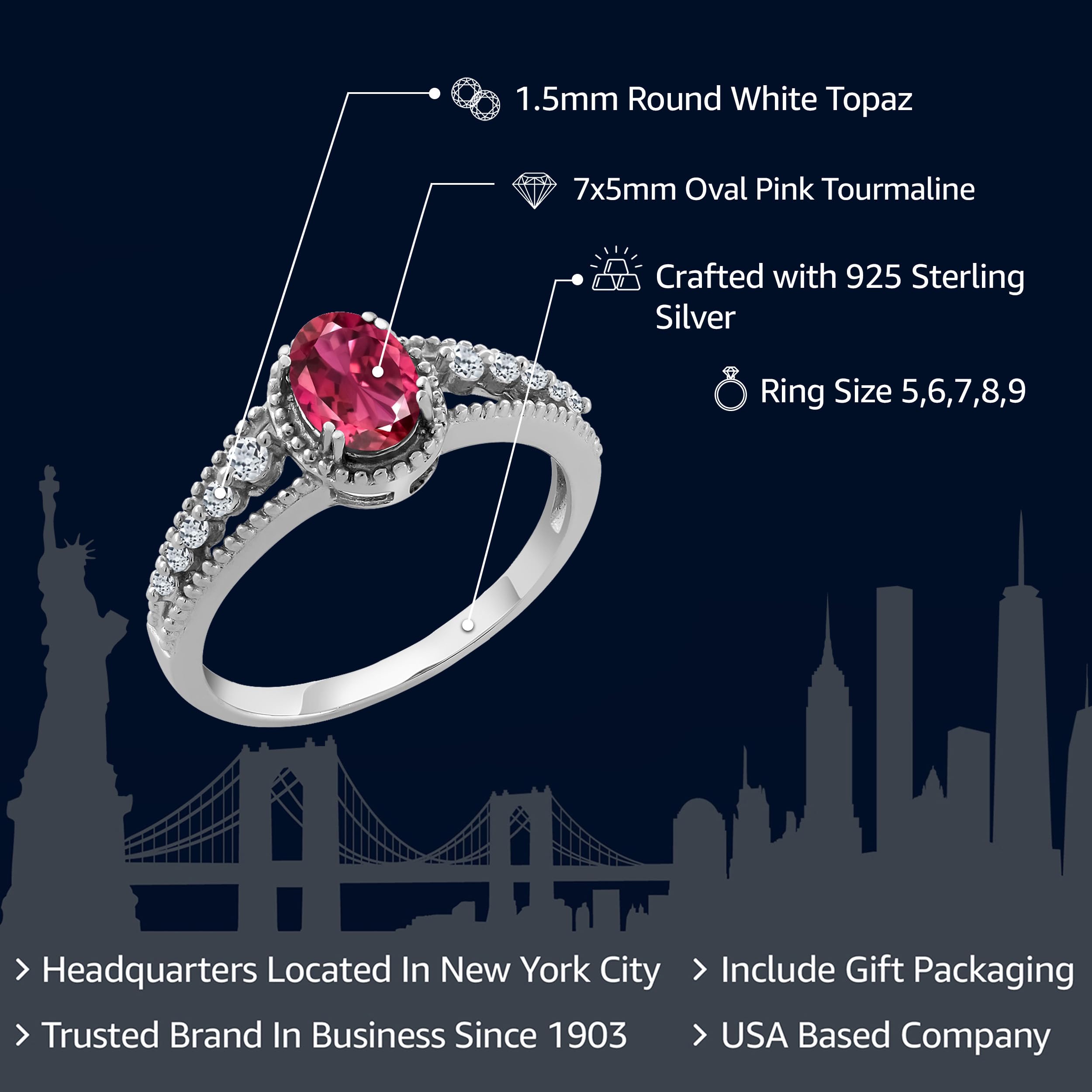 Gem Stone King 925 Sterling Silver Pink Tourmaline and White Topaz Engagement Ring For Women (0.91 Cttw, Oval 7X5MM, Gemstone Birthstone, Available In Size 5, 6, 7, 8, 9)
