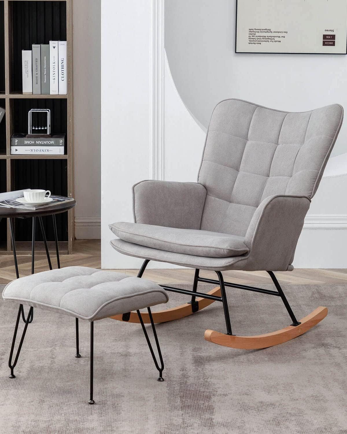 HOMMOW Nursery Rocking Chair with Ottoman, Comfortable Fabric Rocker Glider Chair with High Backrest,Grey Armchair Comfy Side Chair for Nursery Bedroom Living Room