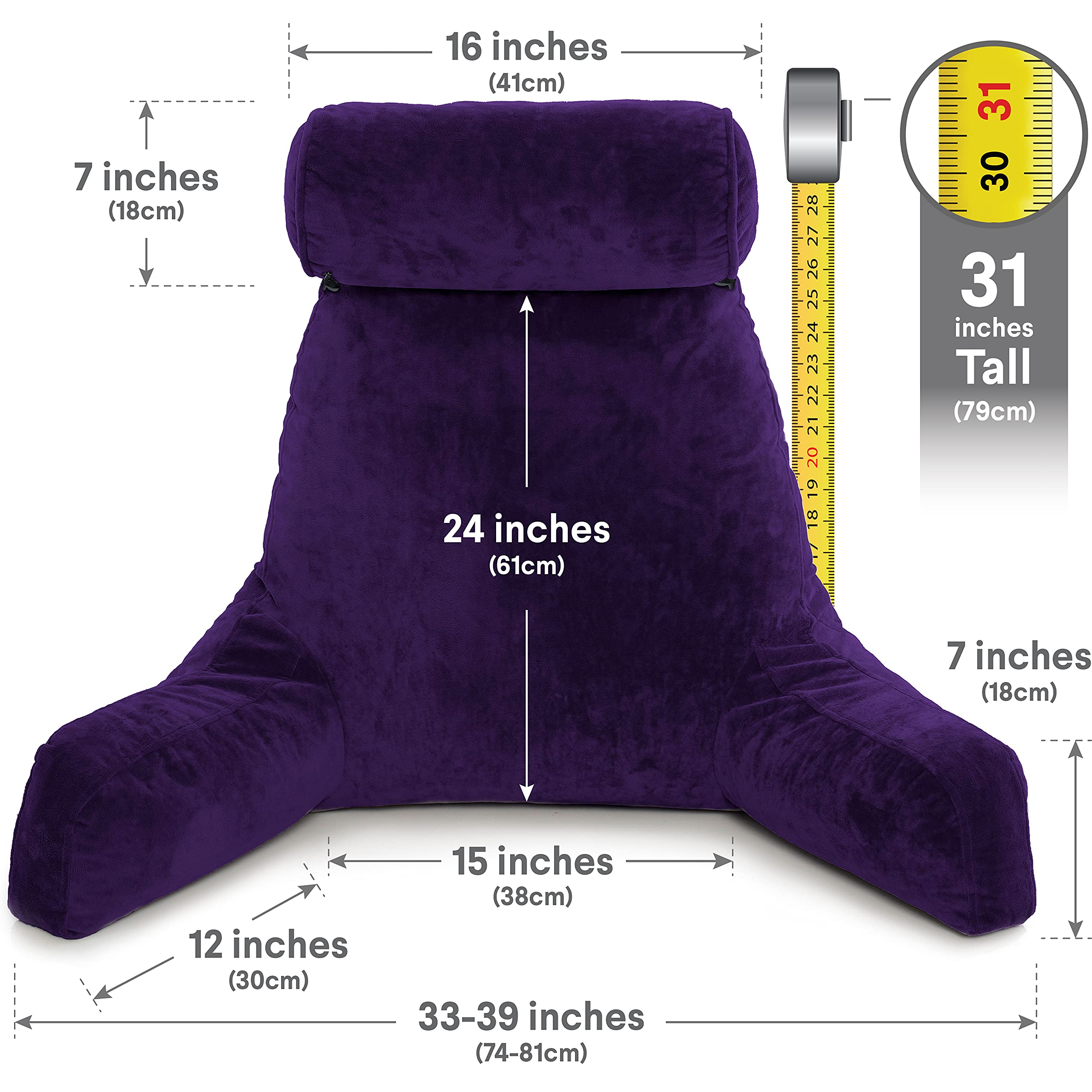 Husband Pillow Combo - Backrest Pillow with Arms : XXL Purple & Foldable Laptop Tray : Brown - Memory Foam Reading Pillows for Bed w/Removable Neck Roll & Laptop Bed Tray Table
