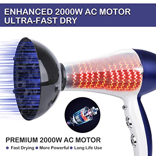 Hair Dryer 2000W, Negative Ionic Fast Dry Low Noise Blow Dryer, Professional Salon Hair Dryers with Diffuser, Concentrator, Styling Pik,2 Speed and 3 Heat Settings,Quick Drying with AC Motor-WhiteBlue