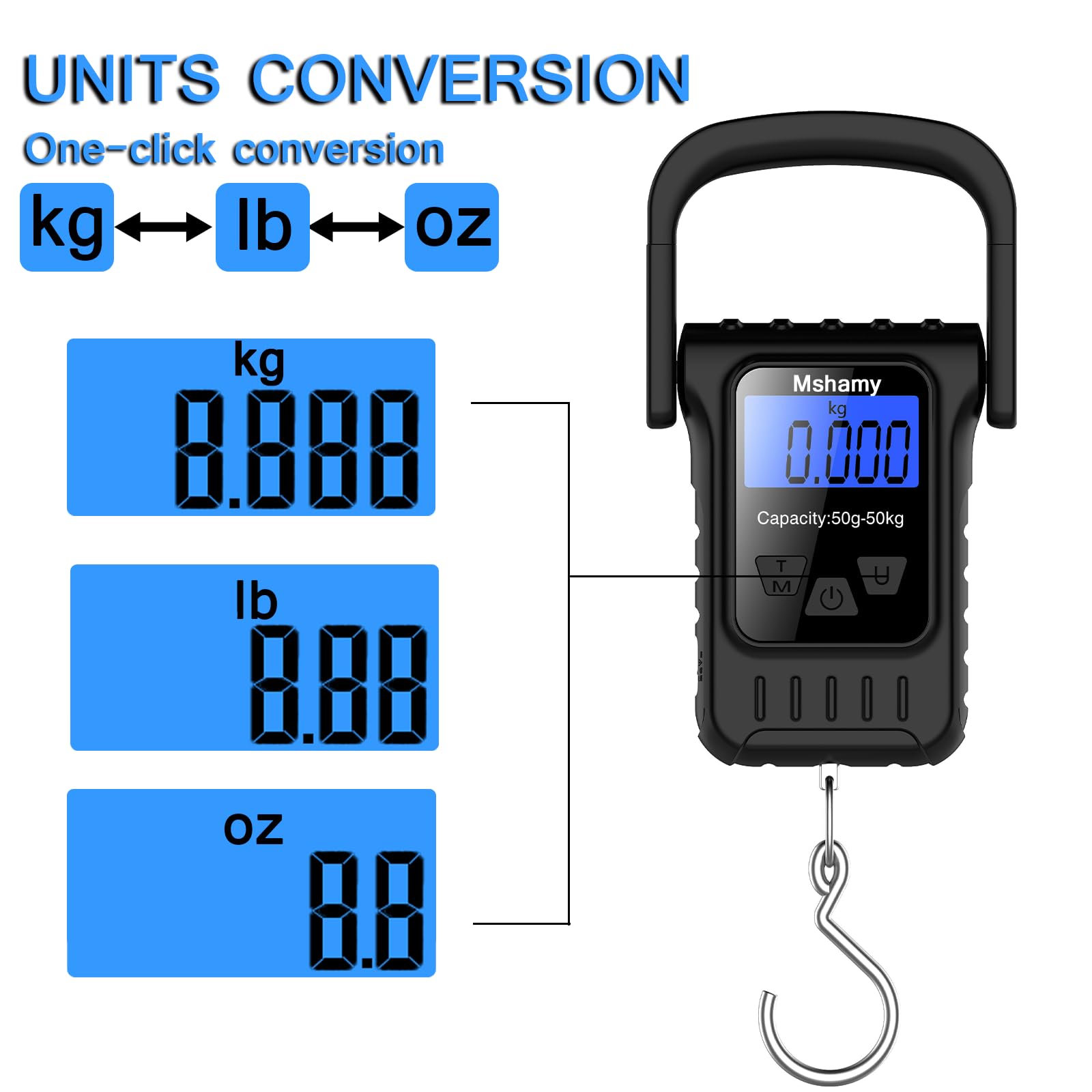 Mshamy Luggage Scale110lbs/50kg Digital Fishing Scale with Backlit LCD Display, Hanging Scale with Portable Large Handle Measuring Tape, Suitcase Scale for Travel Include 2 AAA Batteries