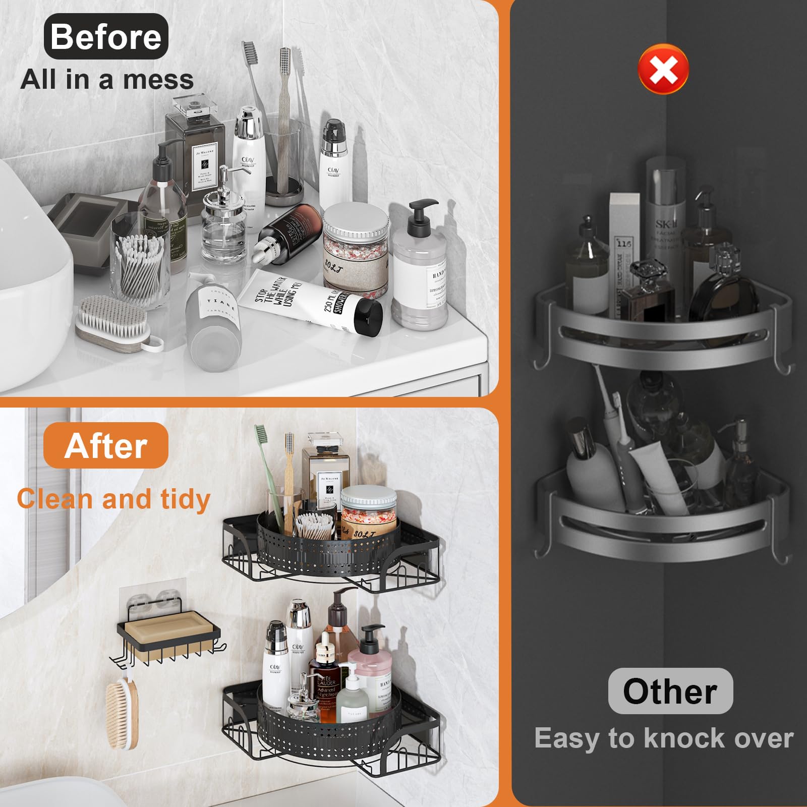 NADAMOO Rotating Corner Shower Caddy, 2 Pack 360° Rotate Turntable Shower Organizer Shelf with Soap Holder,Adhesive Stainless Steel Storage Rack for Bathroom and Kitchen