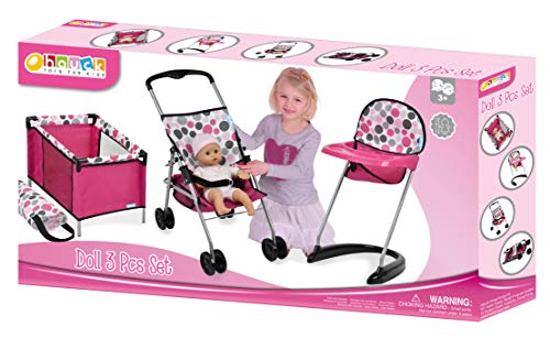 Hauck Pink Dot Doll 3 Piece Doll Stroll and Care Set Includes a Half Folding Stroller, Play Yard and High Chair