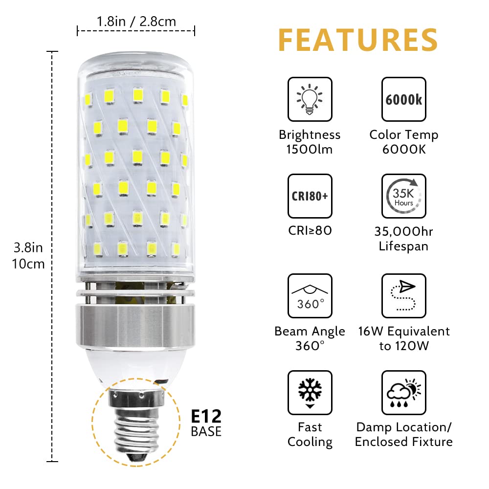 inShareplus E12 LED Corn Bulb 16W LED Candelabra Light Bulbs 1500LM 6000K Daylight White, 120W Equivalent, LED Chandelier Bulbs, Decorative Candle Base Workshop Non-Dimmable LED Lamp (4-Pack)