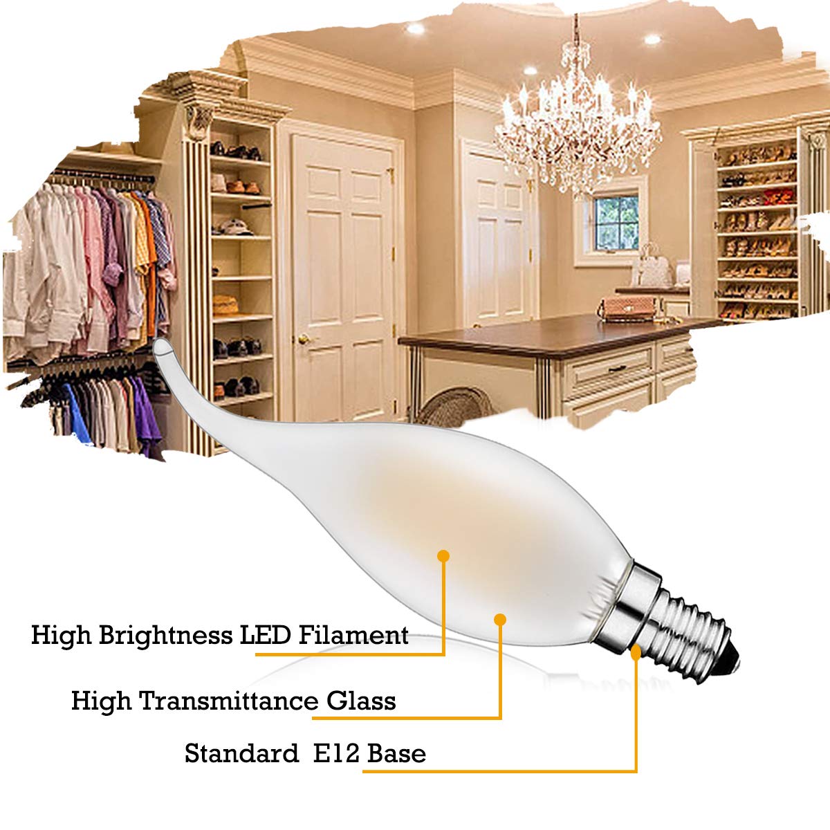 Hnynbe E12 Candelabra LED Bulbs 30 Watt Equivalent, Soft White 3000K, Matte Filament LED Chandelier Light Bulbs 4W, 300lm, Vintage Ceiling Fan Light Bulb with Flame Tip,Non-Dimmable,6 Pack