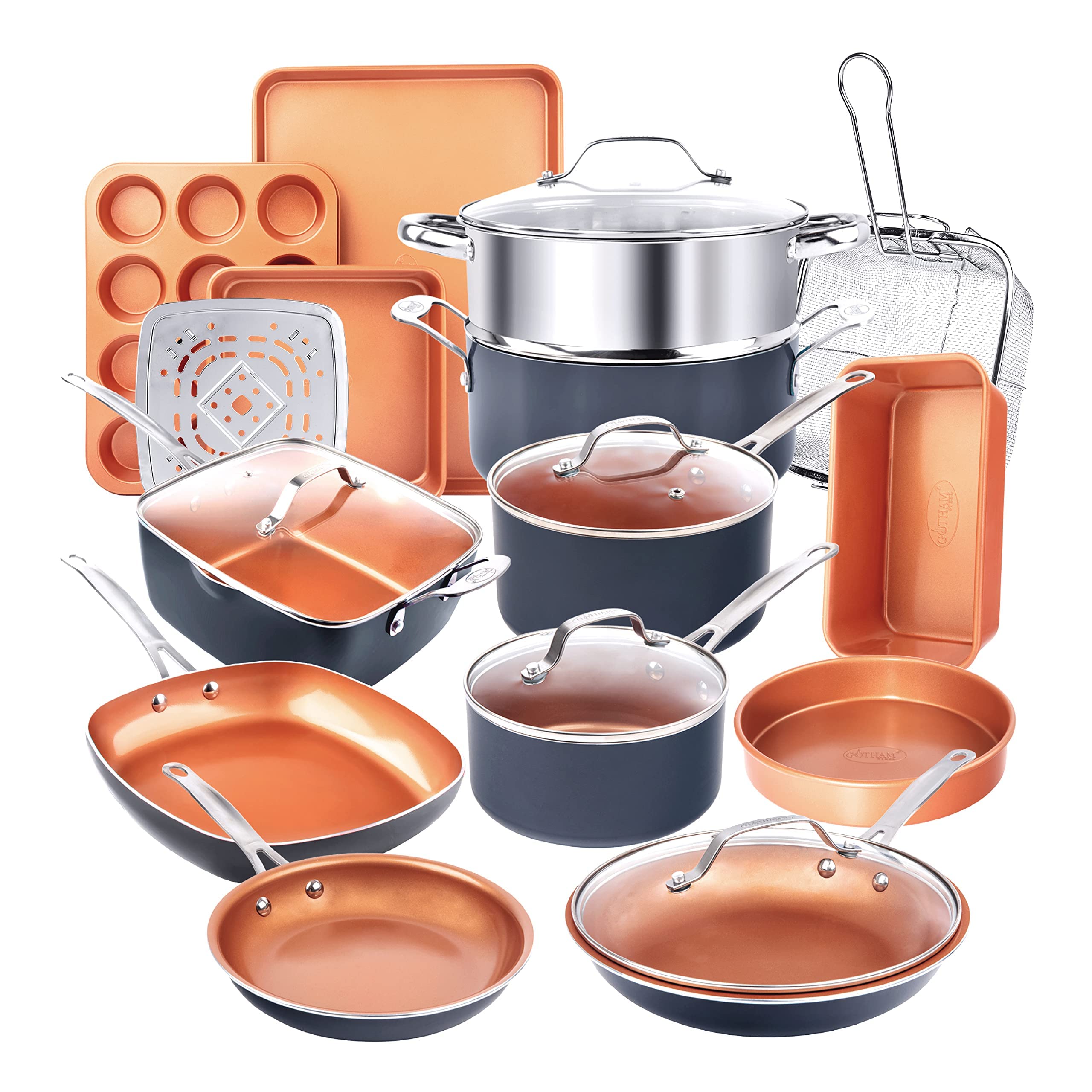 Gotham Steel Pots and Pans Set, 20 Pc Non Stick Cookware Set, Long Lasting Nonstick Kitchen Set with Pan Set, Pot Set, Baking Set & Gotham Steel Grill Pan – 10.5” Square Aluminum Grill Pan