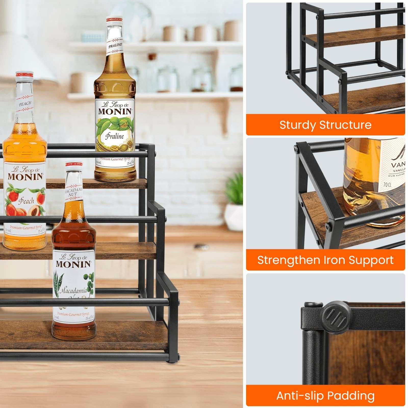 Homode Coffee Syrup Rack Organizer, 12 Bottle Syrup Holder Stand for Coffee Bar, 3 Tier Shelf Storage Rack for Liquor Syrup Wine for Countertop, Kitchen, Coffee Station, Rustic Brown Black