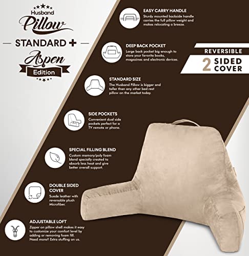 Husband Pillow Combo - Backrest Pillow with Arms : Standard Cowboy Taupe & Lap Desk Bed Tray : XXL Grey - Aspen Memory Foam Reading Pillows for Bed & Laptop Bed Tray Table
