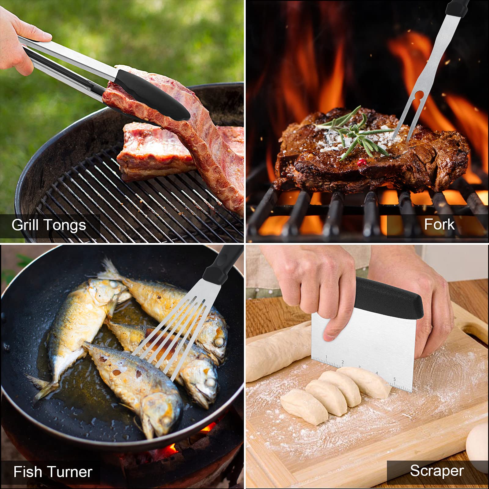 Griddle Accessories Kit - 15 PCS Griddle Grill Tools Set with Stainless Long Spatula Set, Basting Cover, Fork, Fish Turner, Chopper, Scraper, Grill Tongs, Perfect for BBQ and Camping