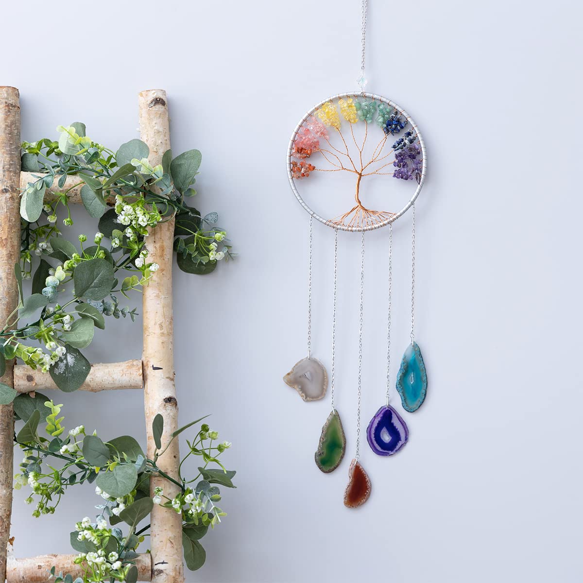 Gem Dream Catchers Agates 7 Chakra Gemstone Wall Hangings Tree of Life Meditation Ornament Home Chakra Feng Crystals Decor Stoneā¦