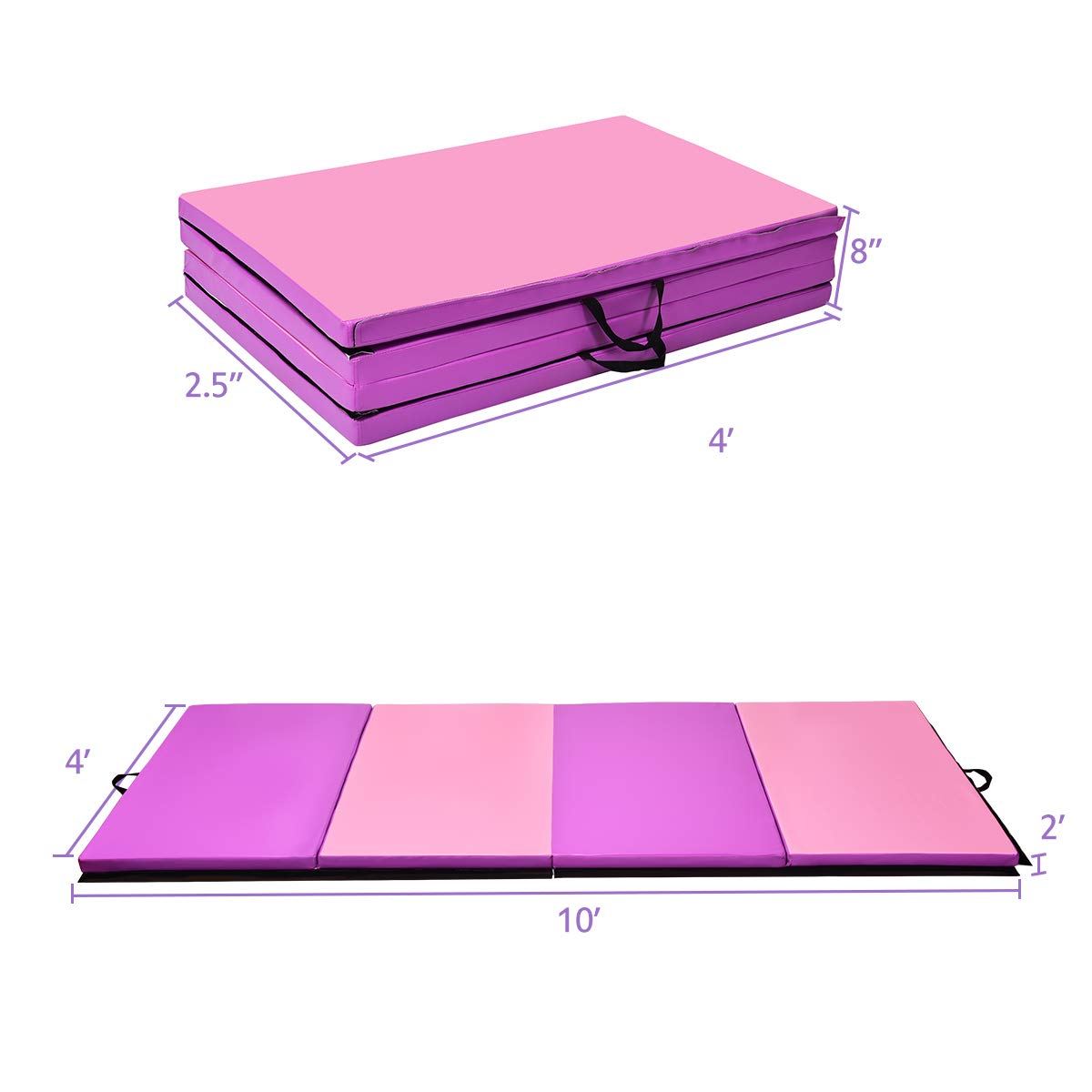 GYMAX Exercise Mat, 4'x10'x2 Tri-Folding Thick Tumbling Mat with Carrying Handles for MMA, Gymnastics, Stretching, Yoga, Cheerleading, Home Gym (Purple+Rose)