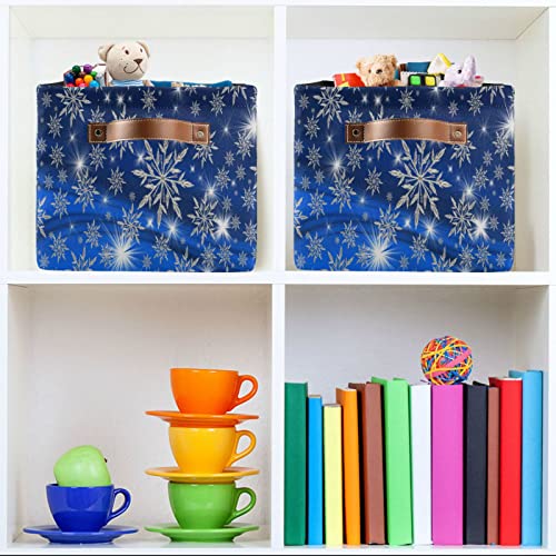 Winter Christmas Blue Snowflakes Storage Basket Xmas Snow Flakes Storage Organizer Box Bin Large Collapsible Cube Baskets with PU Handles for Shelf Closet Nursery Laundry 1 Pack
