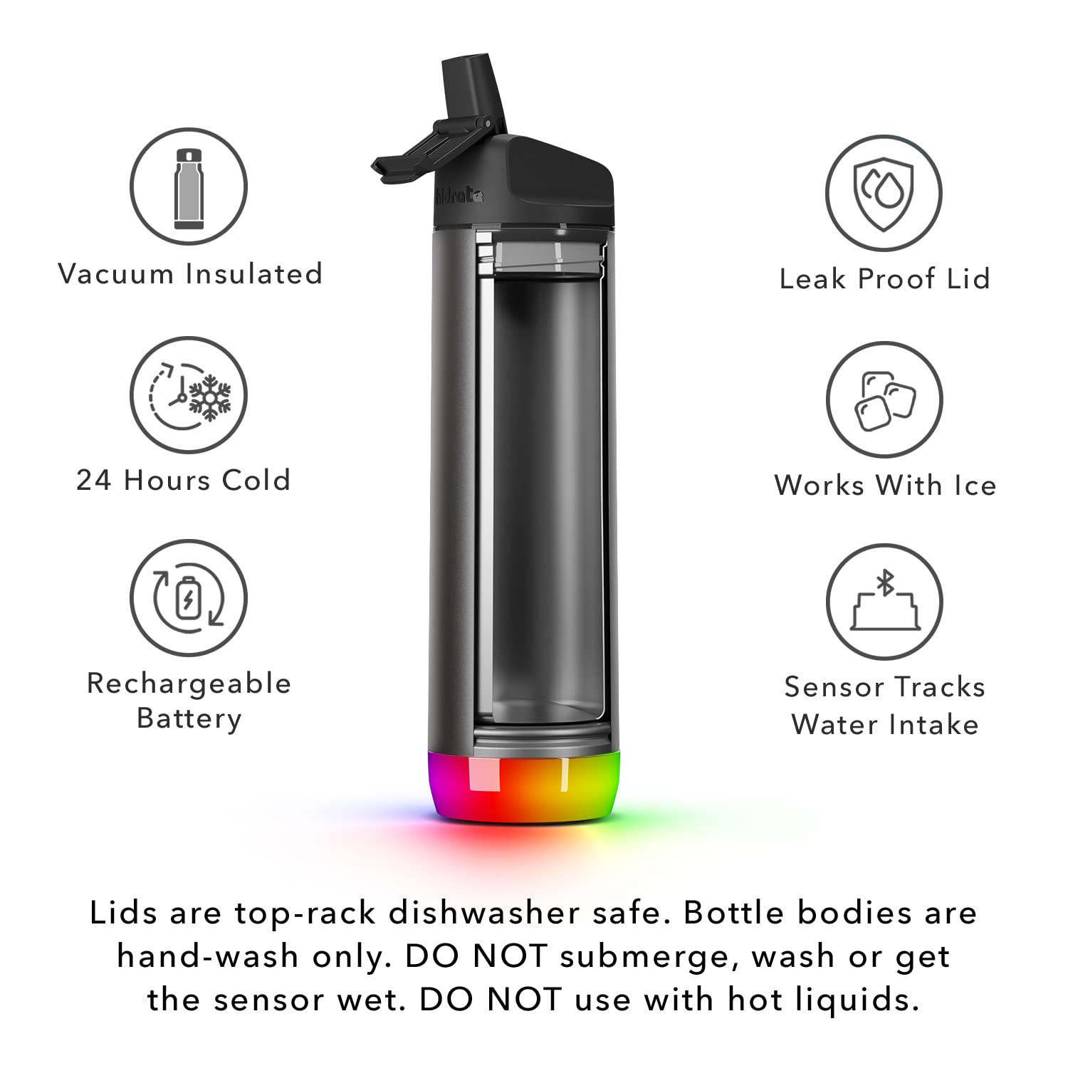 Hidrate Spark PRO Smart Water Bottle β Tracks Water Intake with Bluetooth, LED Glow Reminder When You Need to Drink β Straw Lid, 21oz, Black