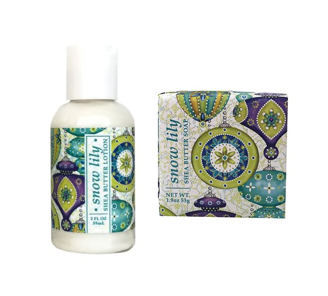 Greenwich Bay Trading Company Holiday Collection Bundle: Snow Lily - 2oz Mini Wrapped Soap Block + 2oz Mini Shea Butter Lotion