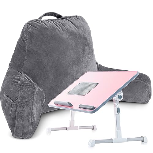 Husband Pillow Combo - Backrest Pillow with Arms : Standard Dark Grey & Lap Desk Bed Tray : Pink - Memory Foam Reading Pillows for Bed & Laptop Bed Tray Table