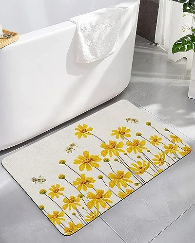 Yellow Floral Bath Mat for Tub,Non Slip Bathroom Floor Runner Rug Quick Dry & Absorbent Diatomaceous Earth Kitchen Room Shower Sink Washable Doormat,Summer Spring Bee Rustic Chic Watercolor 16"x24"