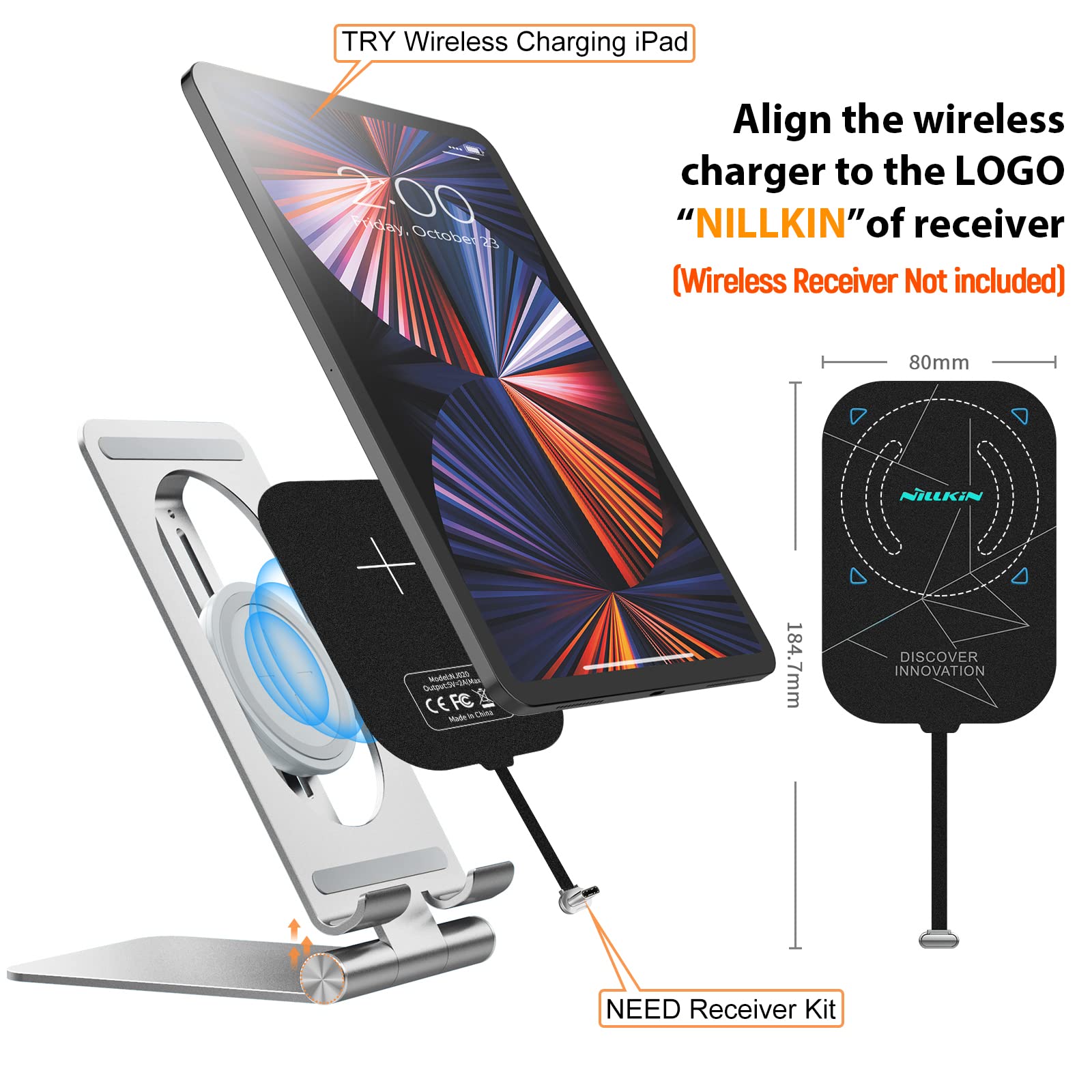 Nillkin Wireless ipad Charger Tablet Stand, 2-in-1 15W Fast Wireless Charger & Tablet Desktop Holder Stand Adjustable for iPad 9th Generation, iPad Pro 2022, iPad Air 5,10.2,10.5,12.9, Mini 6, Phone
