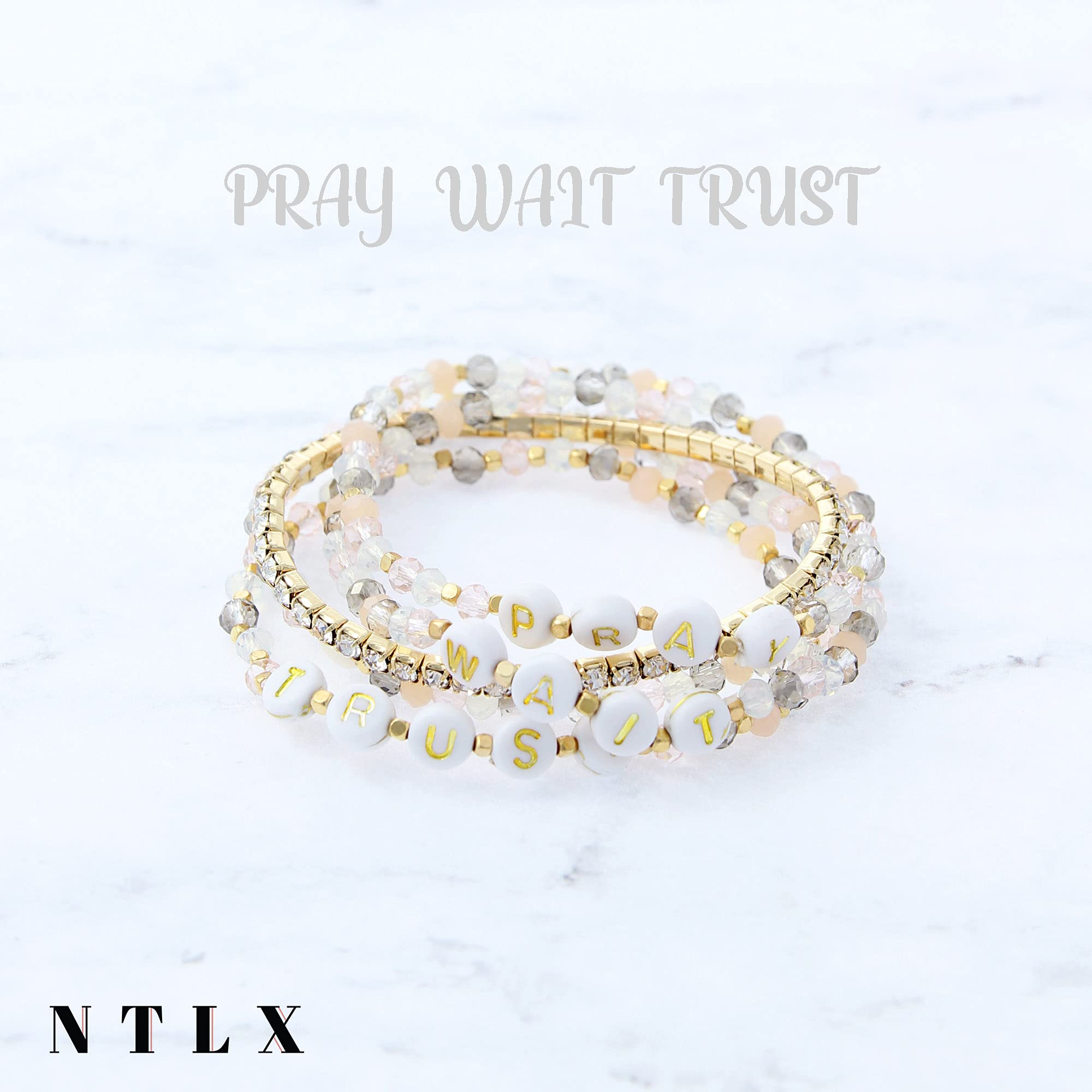 Inspirational Message Multi Strand Beaded Stackable Stretch Bracelets for Women β Pray Trust Wait - Bohemian Boho Style Bracelets β Beautiful Faceted Glass Beads β Gift Box Included (PRAY TRUST WAIT)