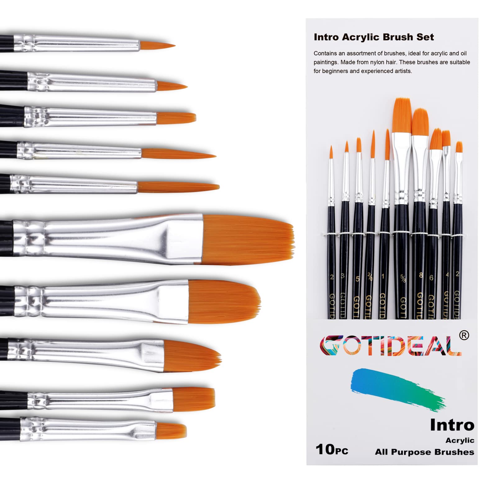 GOTIDEAL Acrylic Paint Brush Set,10 Pcs Assorted Nylon Hair Brushes for All Purpose, Acrylic, Watercolor, Oil and Gouache Painting,Perfect Paint Brush for Kids & Adult (10PACK)