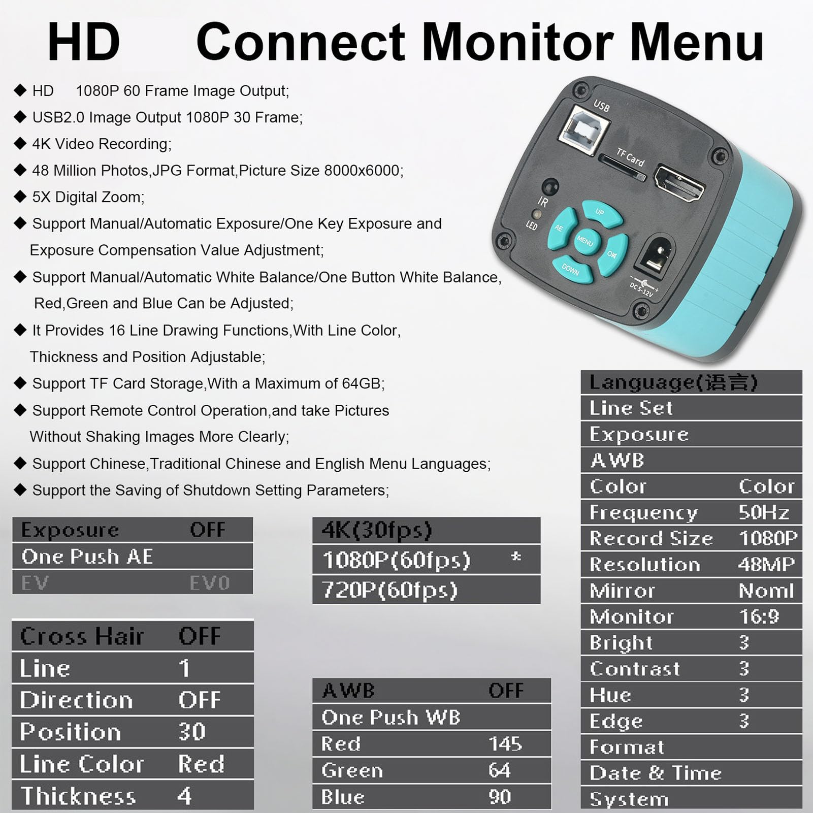 Industrial Microscope Camera Mount Camera High Definition for PCB Soldering Repair USB HD Output 48MP 1080P 60FPS (US Plug)