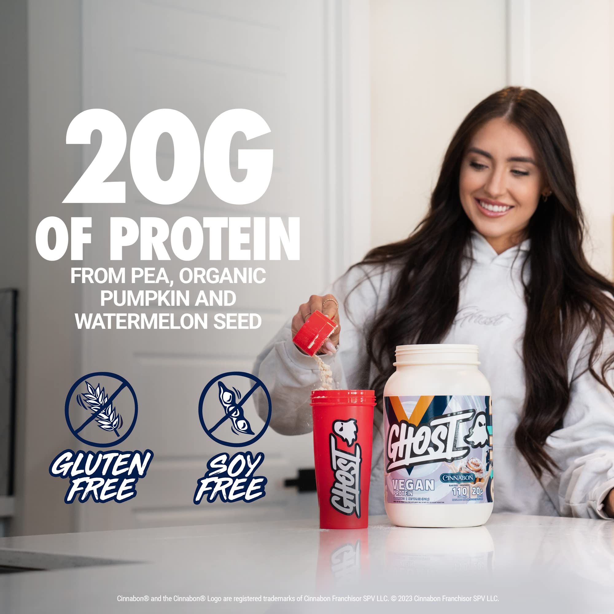 GHOST VEGAN Protein Powder, Cinnabon - 2lb, 20g of Protein - Plant-Based Pea & Organic Pumpkin Protein - Post Workout & Nutrition Shakes, Smoothies, & Baking - Soy & Gluten-Free