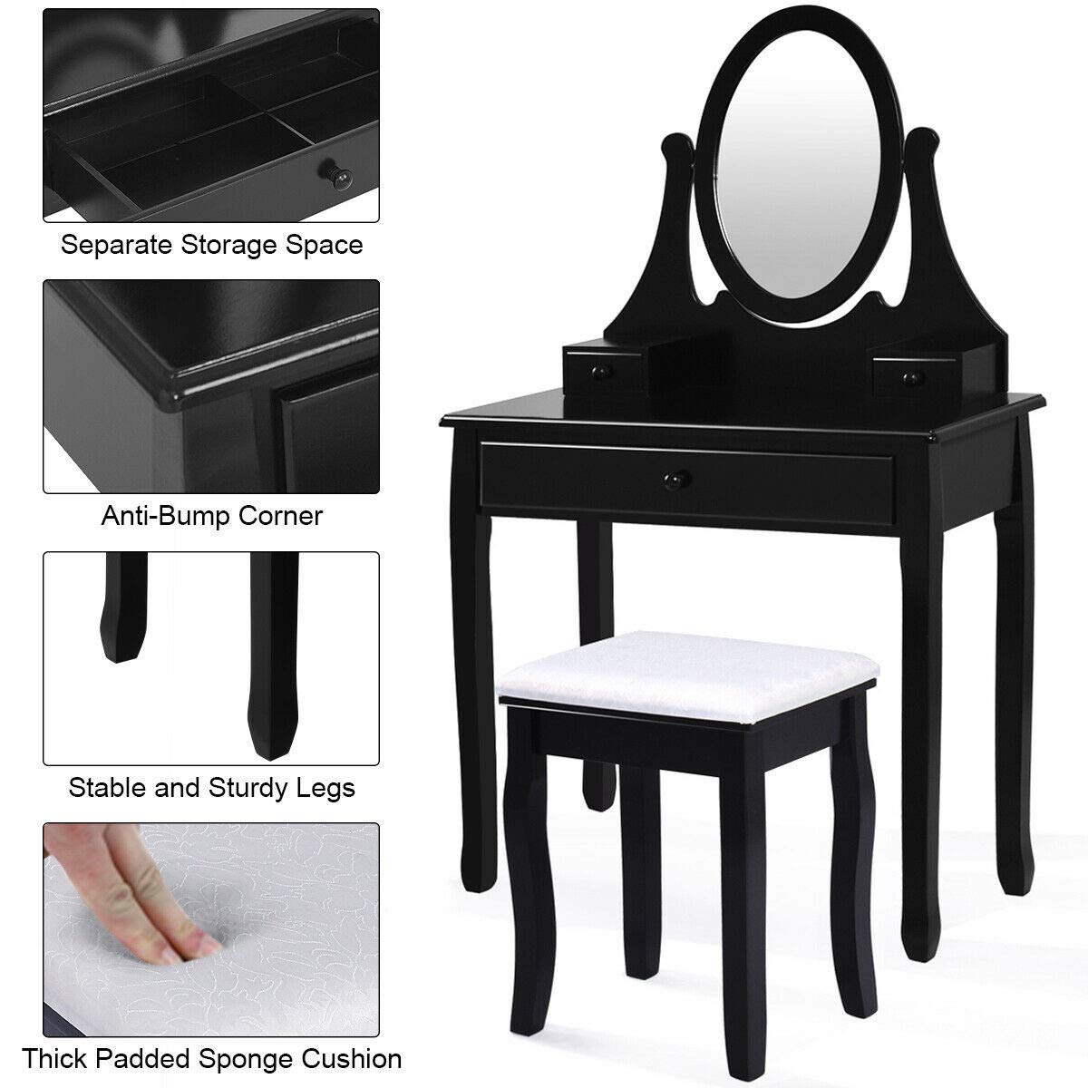 GOFLAME Vanity Dressing Table Set with Cushioned Stool & 360° Adjustable Mirror, Multifunction Makeup Dressing Table Writing Desk with 3 Drawers, for Home Office, Contemporary Vanity Tables (White)