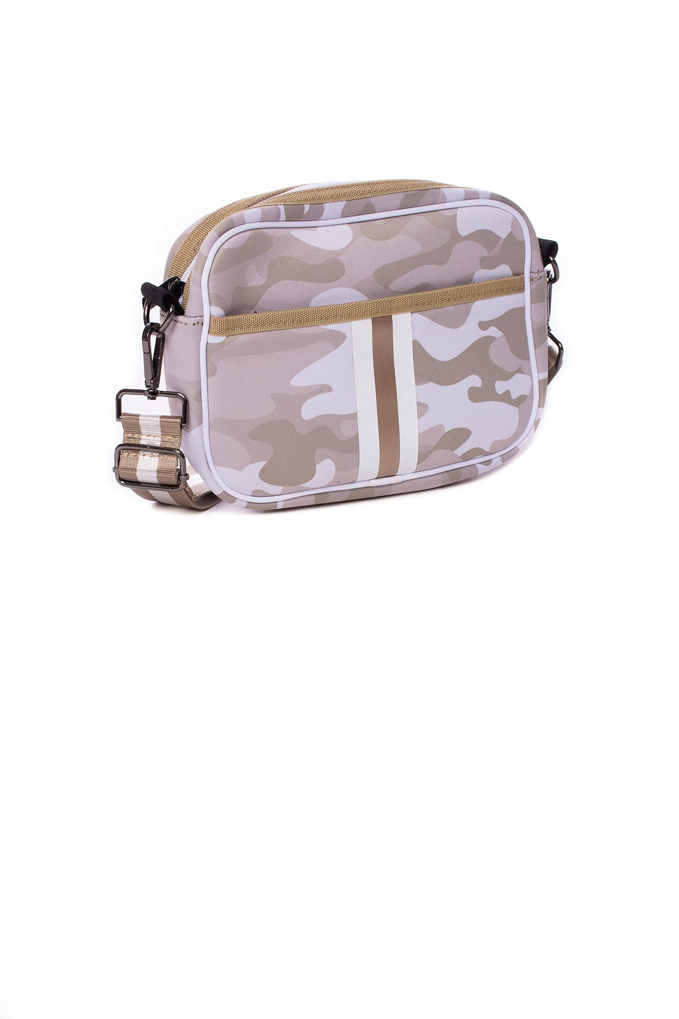 Haute Shore Drew Sahara Crossbody Tote Beige Camo WRose Gold and White Stripe