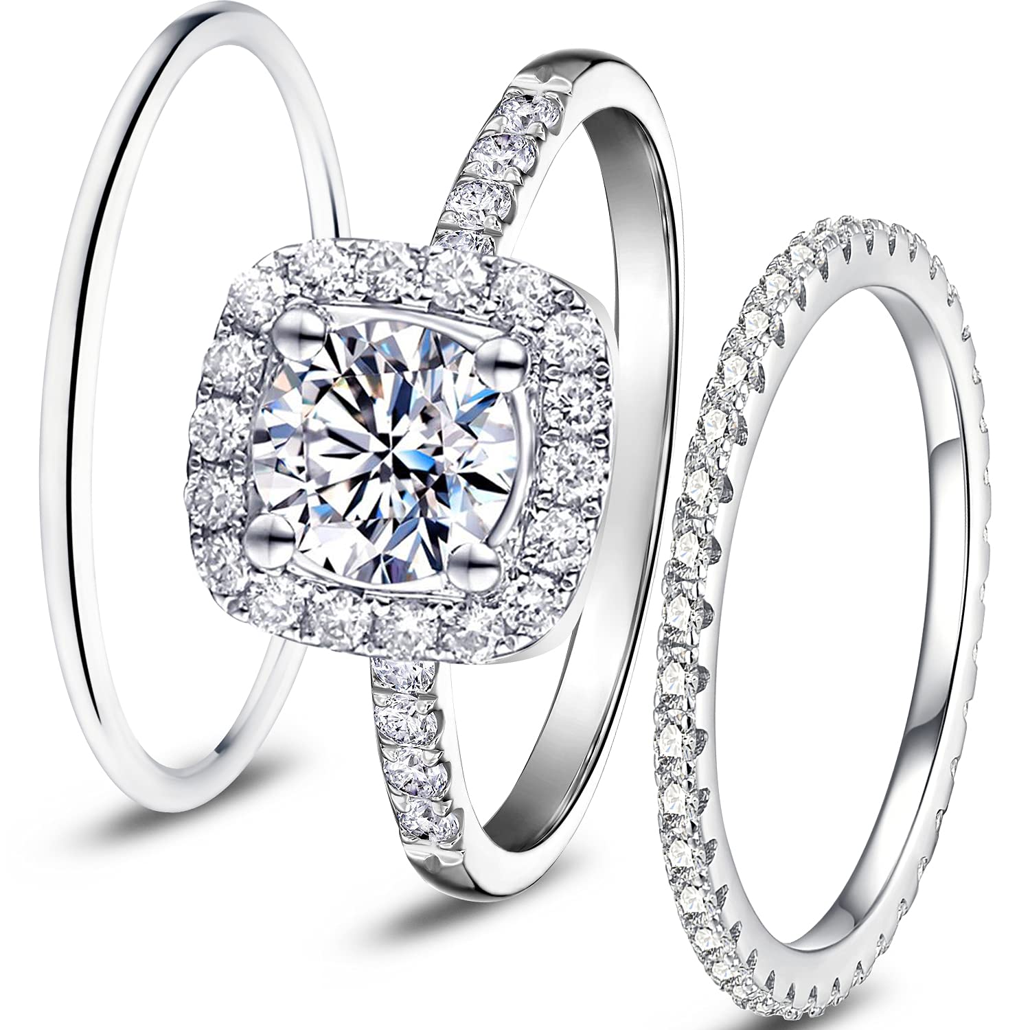 INSRING 14K Gold Plated Stackable Rings - Three-In-One Set Cubic Zirconia Engagement Promise Eternity Ring Band for Women White Gold, Size 5