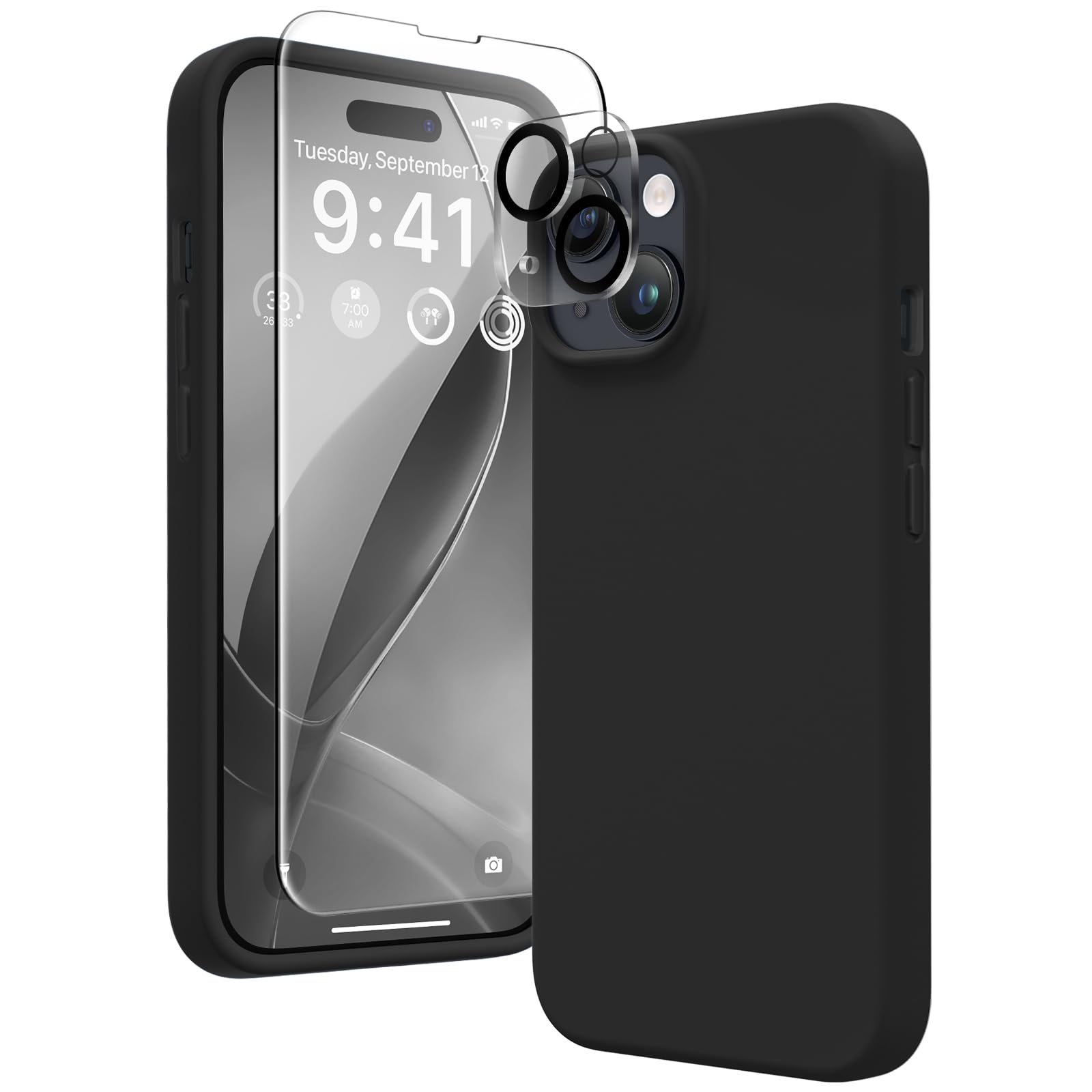 GONEZ for iPhone 14 Case Silicone, with 2X Screen Protector + 2X Camera Lens Protector, [Soft Anti-Scratch Microfiber Lining], Liquid Silicone Shockproof Protective Phone Cover 6.1", Black