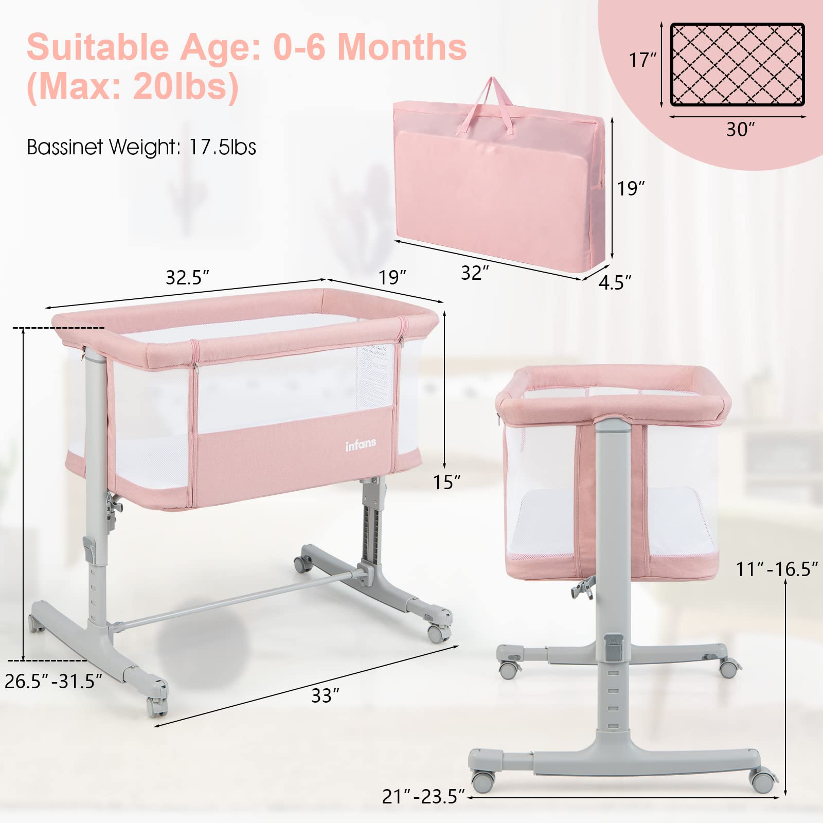 INFANS 3 in 1 Baby Bassinet, Bedside Sleeper for Newborn, Folding Crib with Mattress, Travel Bag, Wheels, 4-Sided Mesh, Easy to Assemble Cradle Co Sleeper Stationary, Rock (Pink)