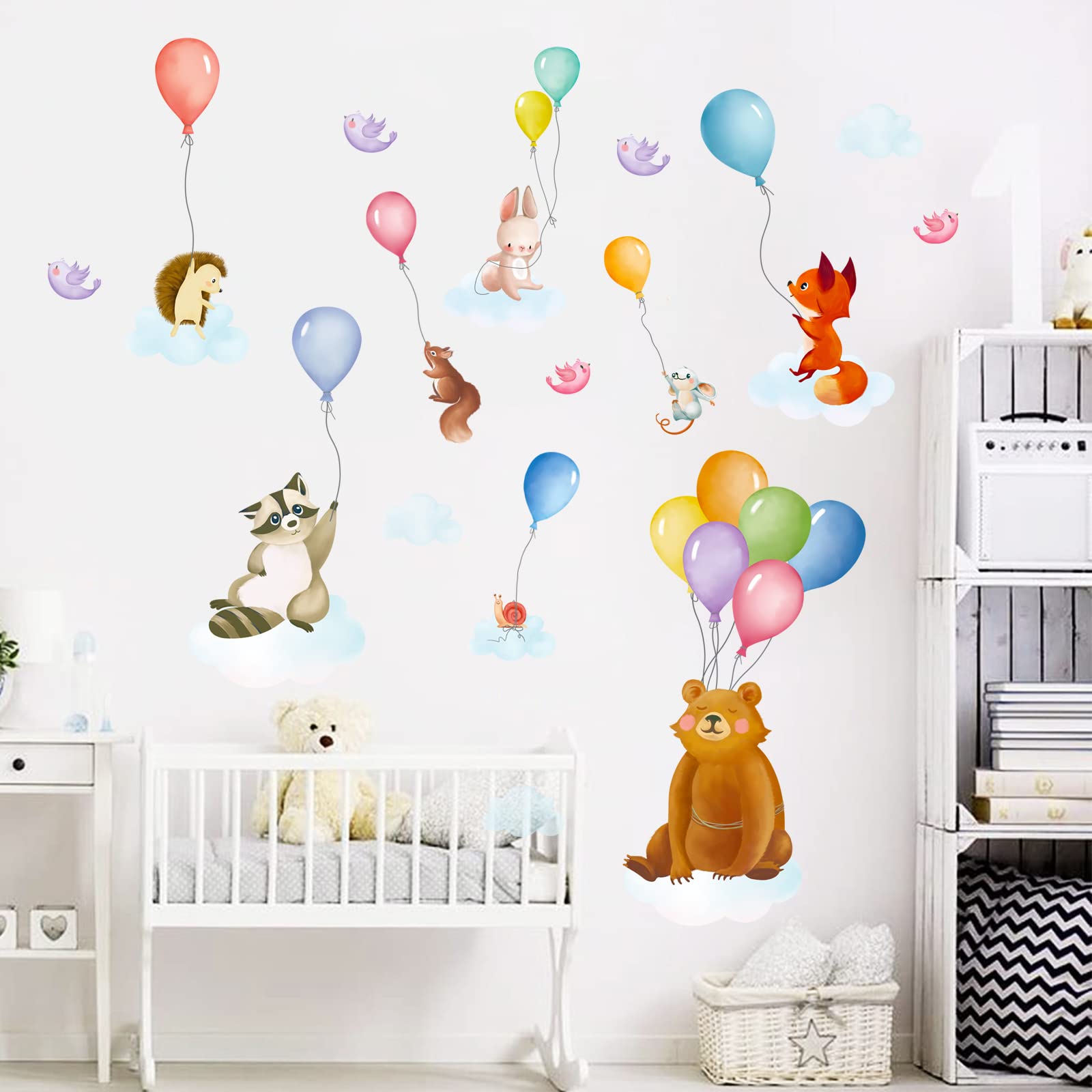 wondever Balloon Flying Animals Wall Stickers Bear Raccoon Fox Cloud Peel and Stick Wall Art Decals for Baby Nursery Kids Bedroom