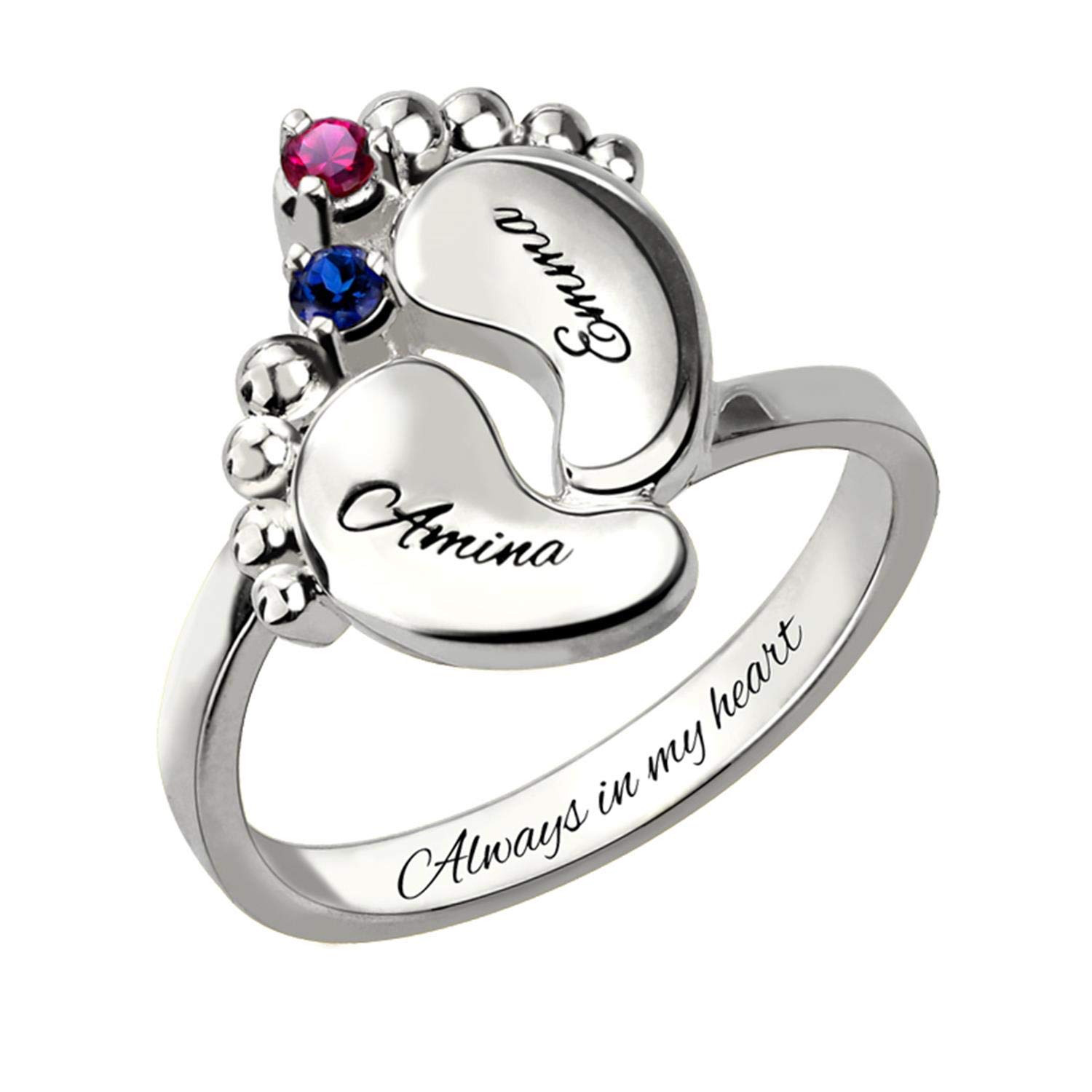 Getname Necklace Womens Pesonalized Name Rings Custom Engraved Baby Feet with 2 Birthstone 2 Name Ring for Mom Silver 9.5