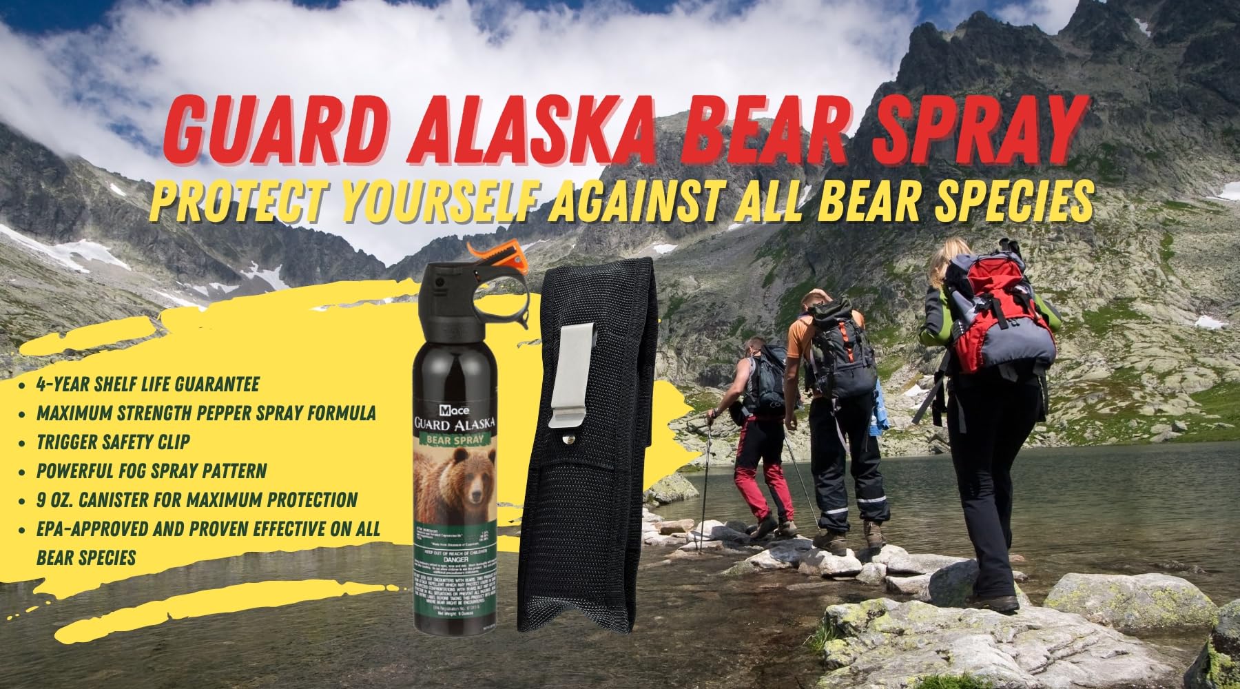 Guard Alaska 9 oz. Bear Spray and Pepper Defense Belt Clip Holster - Maximum Strength Pepper Spray for Hiking, Camping, Outdoors, Self Defense (1-Pack)