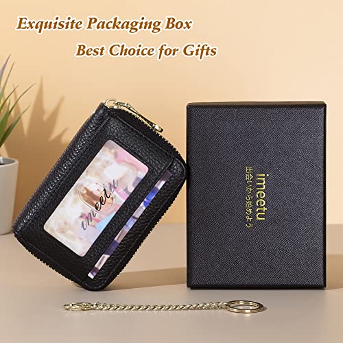 imeetu RFID Credit Card Wallet, Genuine Leather Zipper Card Case Holder with Removable Keychain(Black)