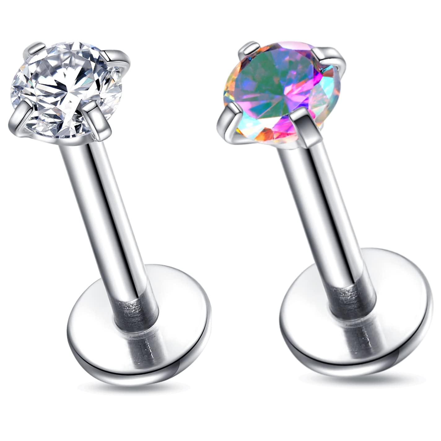 kingdot G23 Titanium 16G Threaded Cubic Zirconia Labret Piercing Lip Stud Tragus Flat Back Earring – Best for Monroe Lip Rings, Tragus Helix Earrings, and Conch Piercing Jewelry