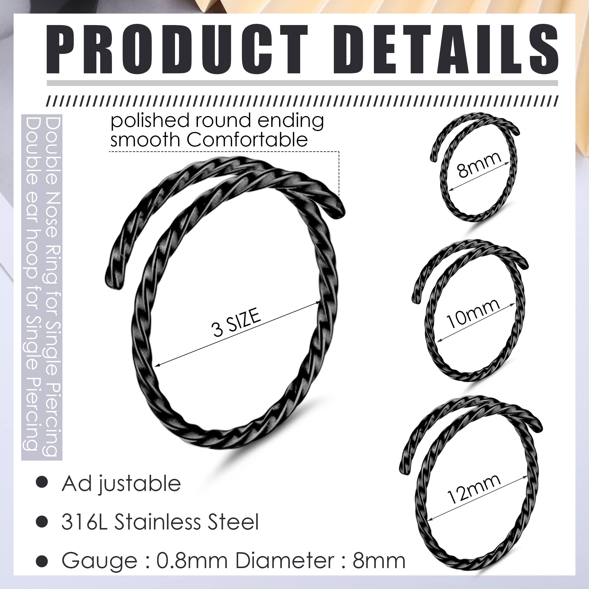 Jstyle 36Pcs Nose Rings Hoops Surgical Steel Double Spiral Nose Ring Single Pierced Nose Piercing for Women Men Black Tone