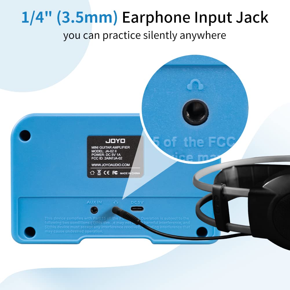 JOYO Combo Guitar Amplifier Bluetooth 5W Recharging Small Mini Practice Headphone Guitar Amp with Clean & Overdrive Channels (JA-02 II Blue)