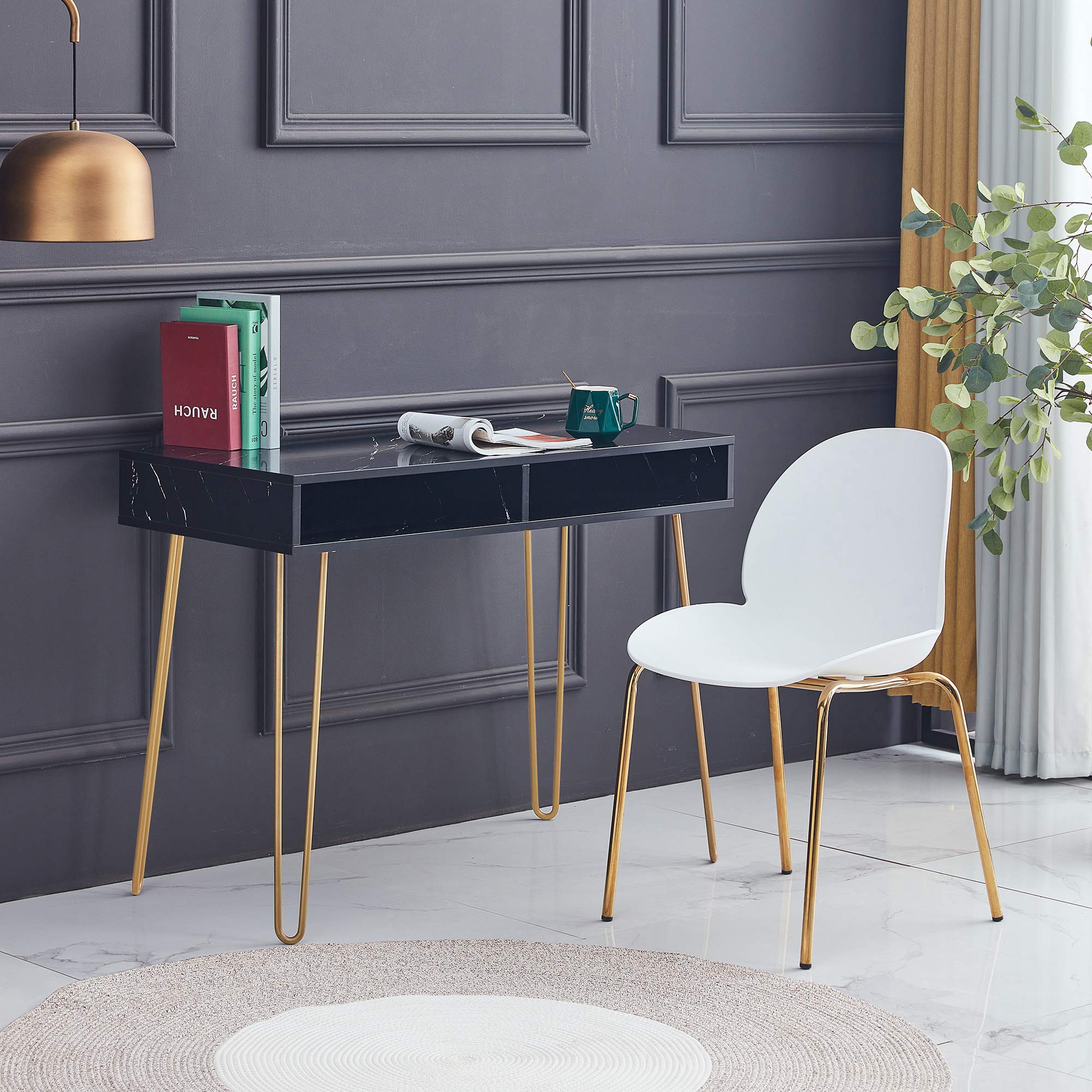 Henf Modern Simple Computer Table Laptop Desk, MDF Metal Iron Foot Office Desk Study Writing Table for Home Office,Golden Marble Color, Black