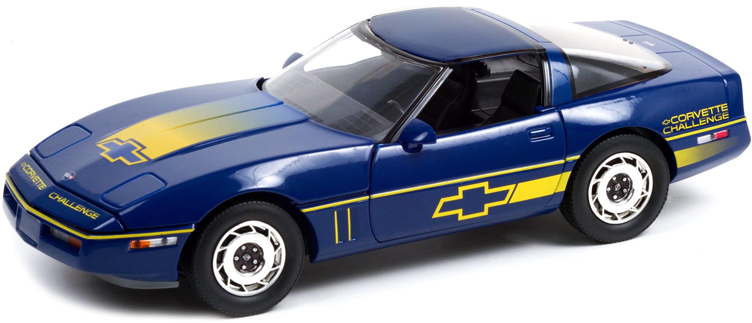 Greenlight Collectible 1988 Chevy Corvette C4 Dark Blue with Yellow Stripes Corvette Challenge Race Car 1/18 Diecast Model Car by Greenlight 13597