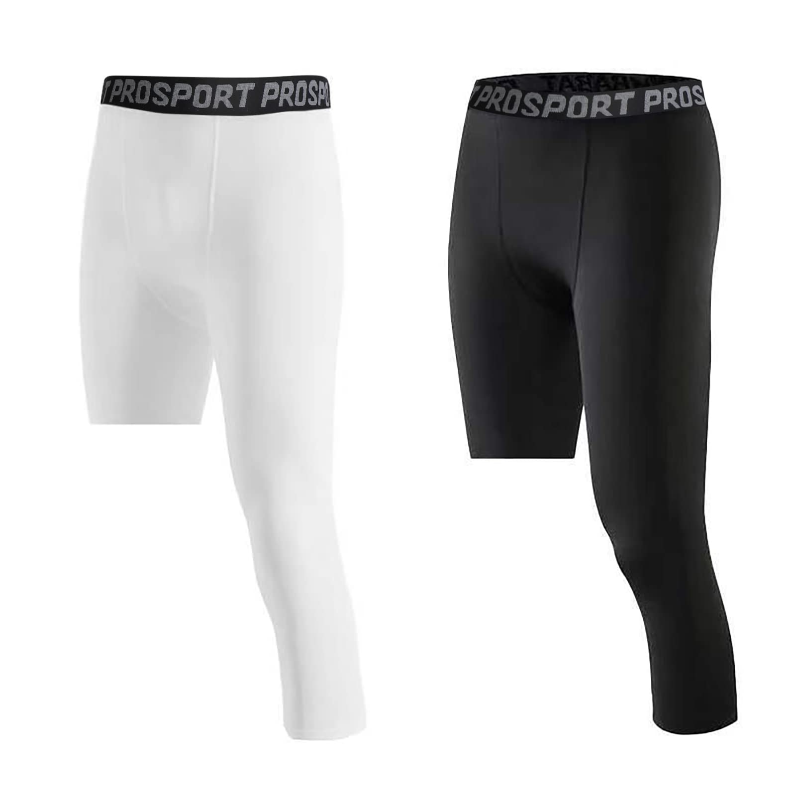 hwojjha 2 Pack Menâs Compression Pants One Leg 3/4 Capri Tights Leggings Athletic Base Layer for Gym Running Basketball (US, Alpha, Small, Regular, Regular, White+Black (Left 3/4))