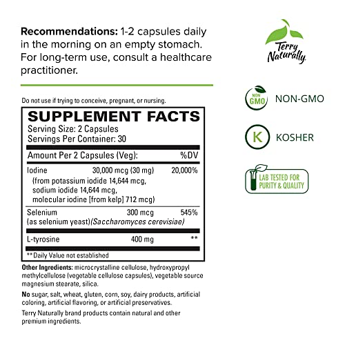 Terry Naturally Thyroid Care Plus - 60 Capsules - with Selenium, Iodine & L-Tyrosine - Non-GMO, Gluten Free, Kosher - 30 Servings