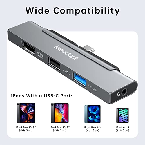 Teleadapt iPad Pro USB C Hub, 5-in-1 Hub Adapter for iPad Pro 2020 2021 11.9 12.9 inches iPad Air 2020, iPad Pro Hub with 4K HDMI, 3.5mm Headphone Jack, 100W USBC Charging, USB 2.0, USB 3.0 Data C Hub